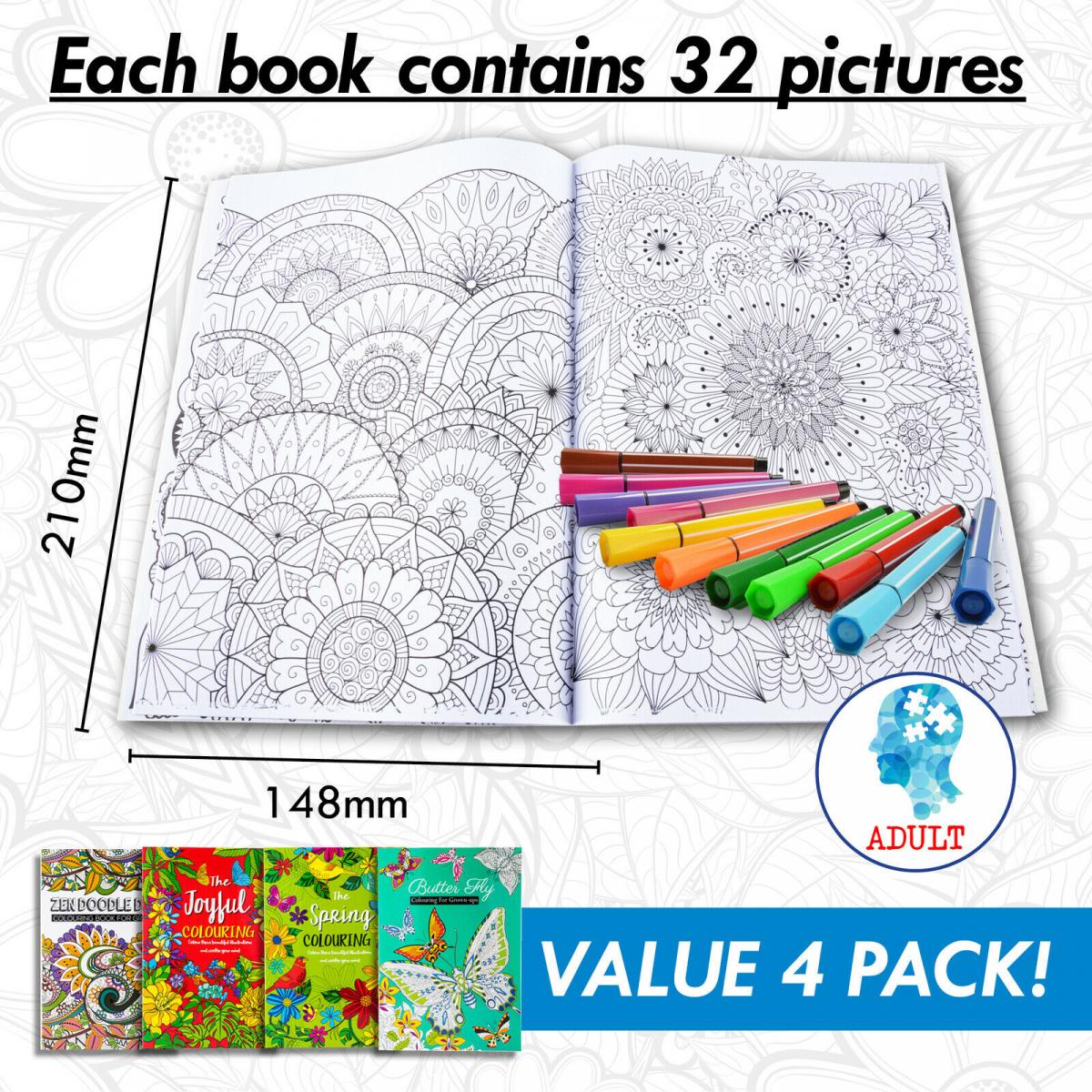 4PK Adult Colouring Books A4 Size Fun Relaxing Mindfulness Anti Stress ...